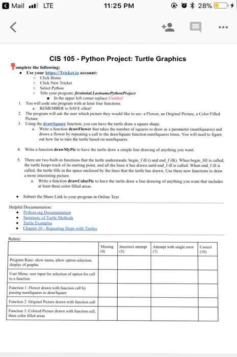 Solved Mail LTE 11:25 PM @ ㆆ * 28%)LD. + CIS 105 - Python | Chegg.com