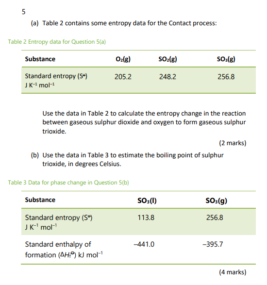 Solved 5 (a) Table 2 contains some entropy data for the | Chegg.com