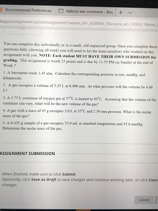 Solved Environmental Preferences daltons law comment -Bin | Chegg.com