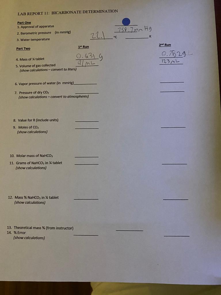 Solved LAB REPORT 11: BICARBONATE DETERMINATION Part One 1. | Chegg.com