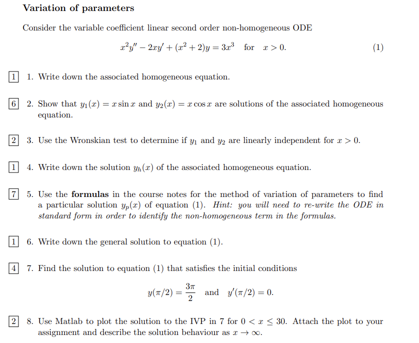 Solved Variation of parameters Consider the variable | Chegg.com