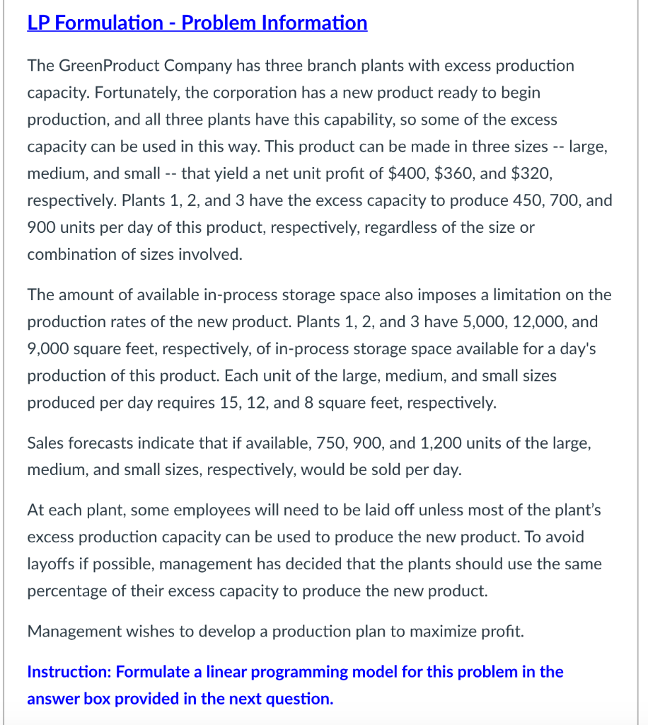 Solved LP Formulation - Problem Information The Green | Chegg.com