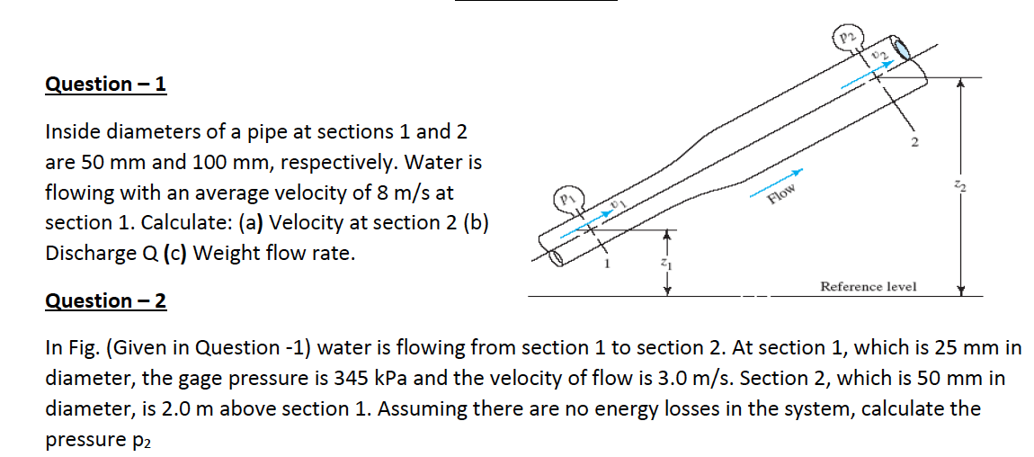Solved Question -1 Inside diameters of a pipe at sections 1 | Chegg.com