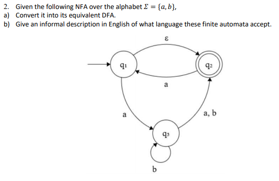 Solved 2. Given the following NFA over the alphabet = {a,b}, | Chegg.com