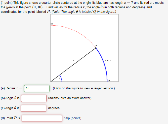 Solved (1 point) This figure shows a quarter-circle centered | Chegg.com
