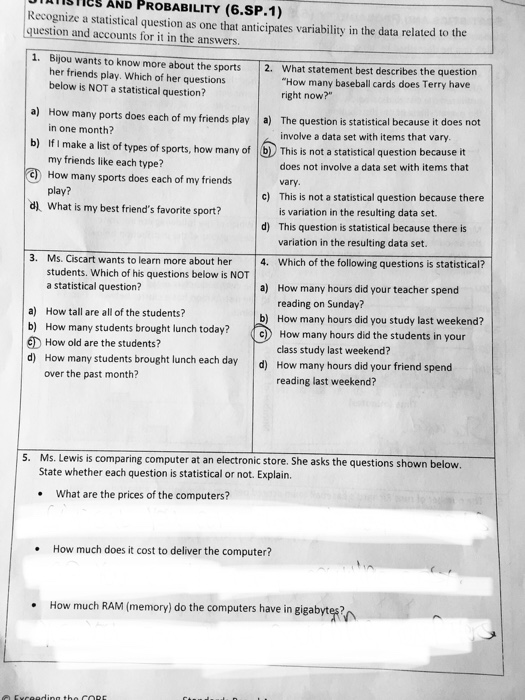 Solved ses AND PROBABILITY (6.SP.1) Recognize a statistical | Chegg.com