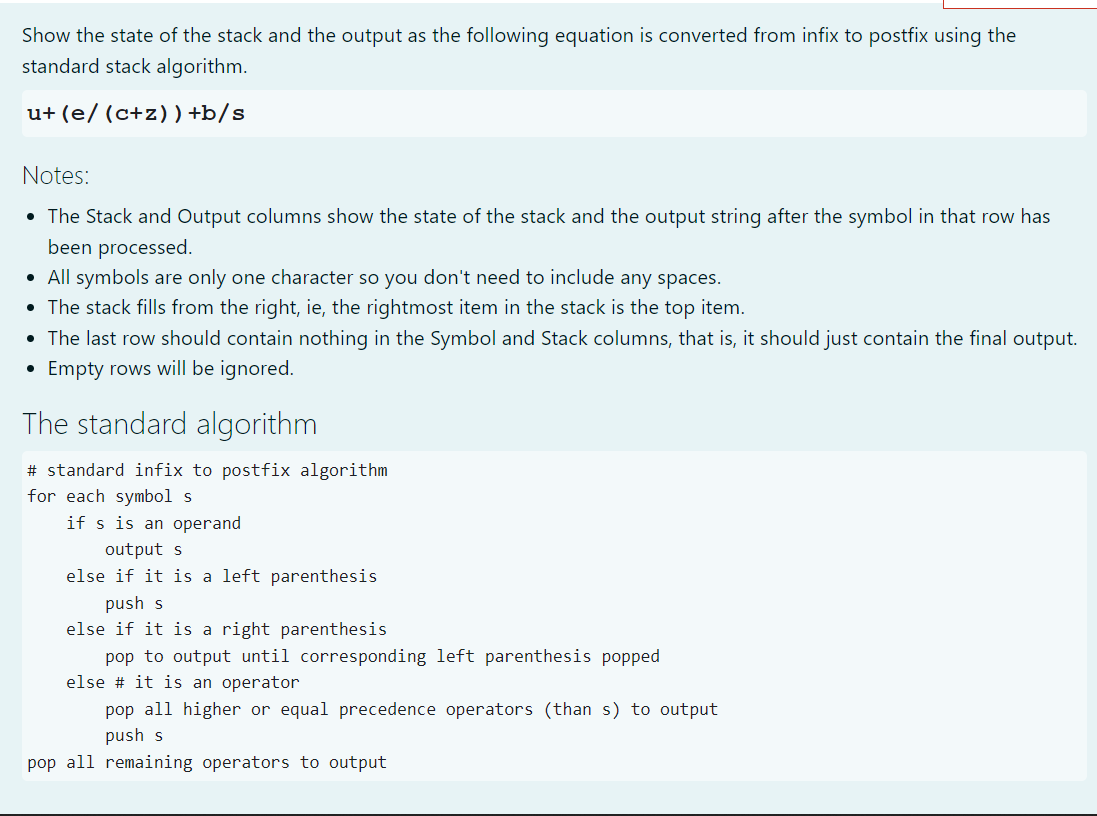 Solved Show the state of the stack and the output as the | Chegg.com
