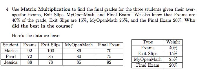 Solved 4. Use Matrix Multiplication to find the final grades | Chegg.com