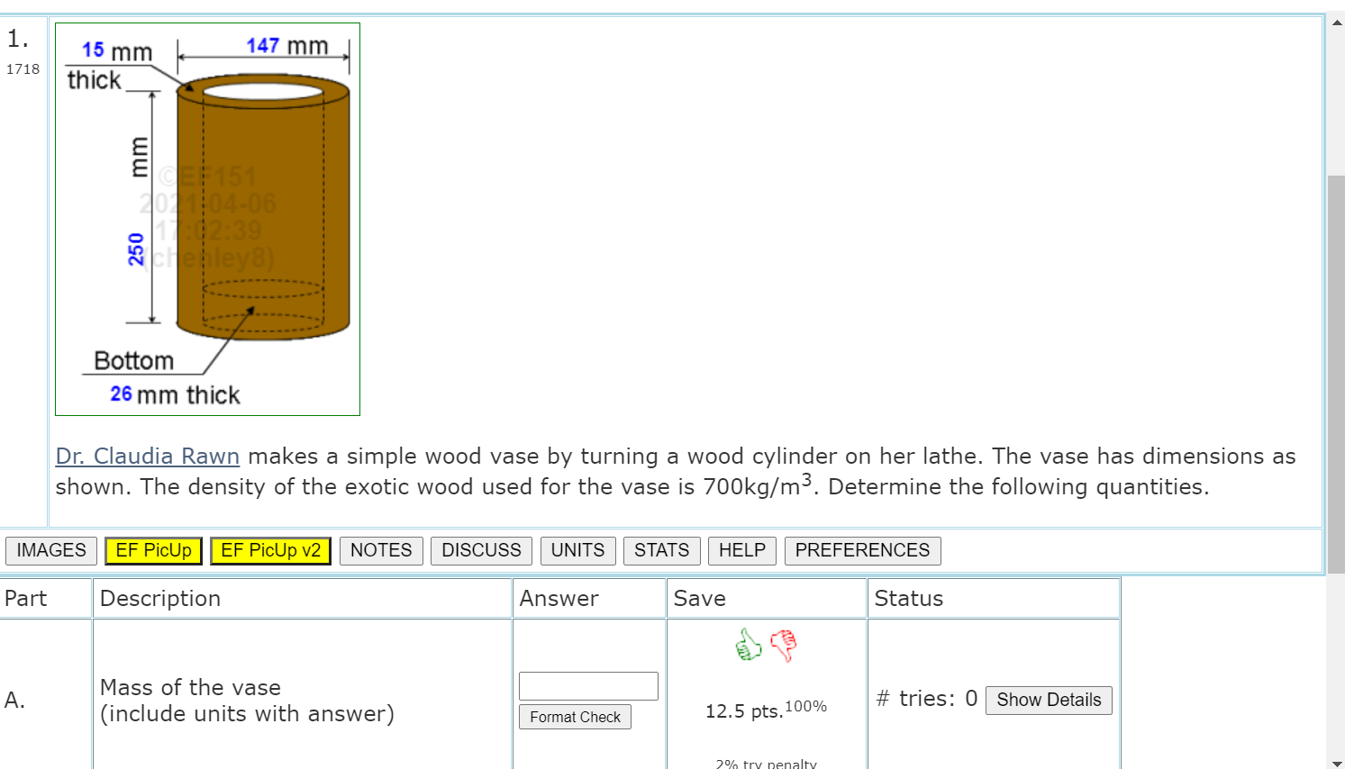 Solved 1. 15 mm 147 mm 1718 thick | ww C151 004-06 12:39 | Chegg.com