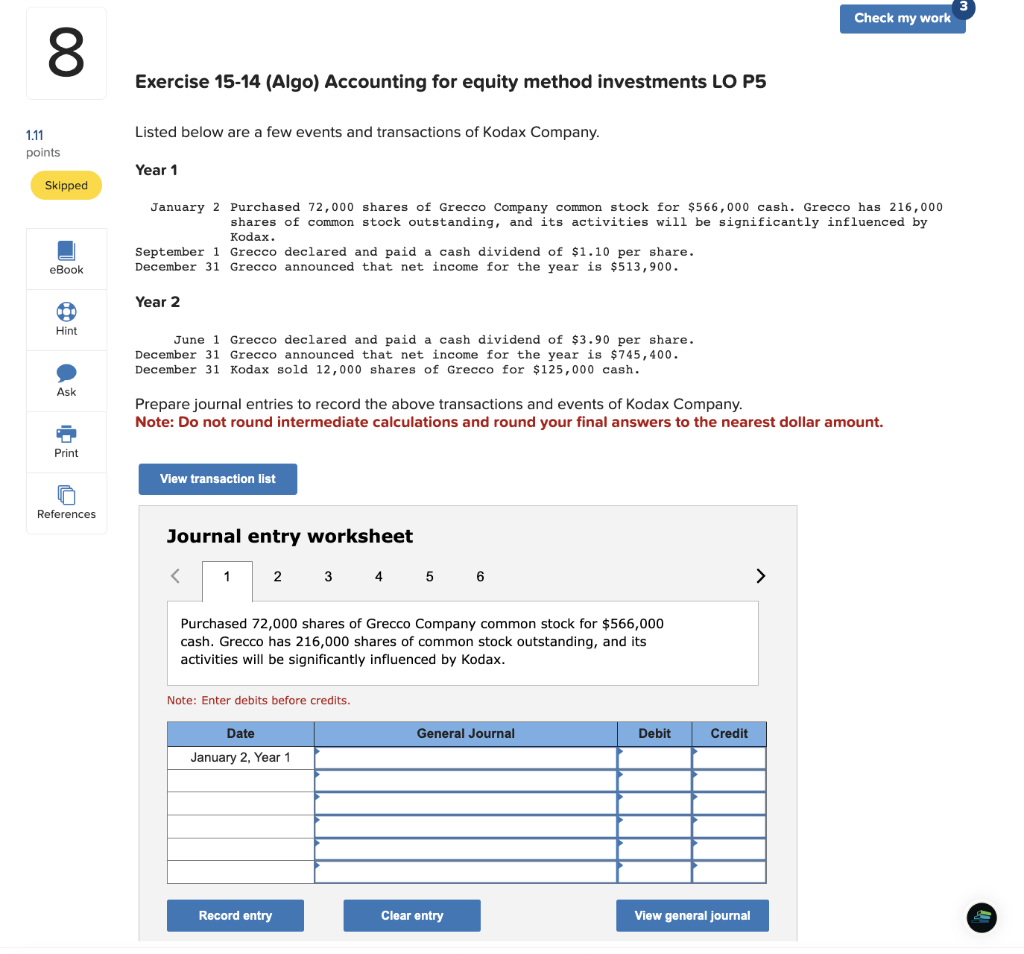 Exercise 15-14 (Algo) Accounting for equity method | Chegg.com