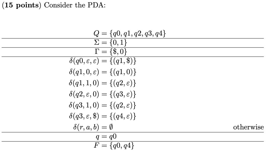 Solved (15 points) Consider the PDA: Q = {q0, ql, q2,93,94} | Chegg.com