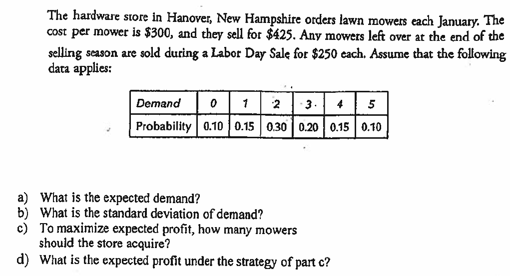 Solved The hardware store in Hanover, New Hampshire orders | Chegg.com