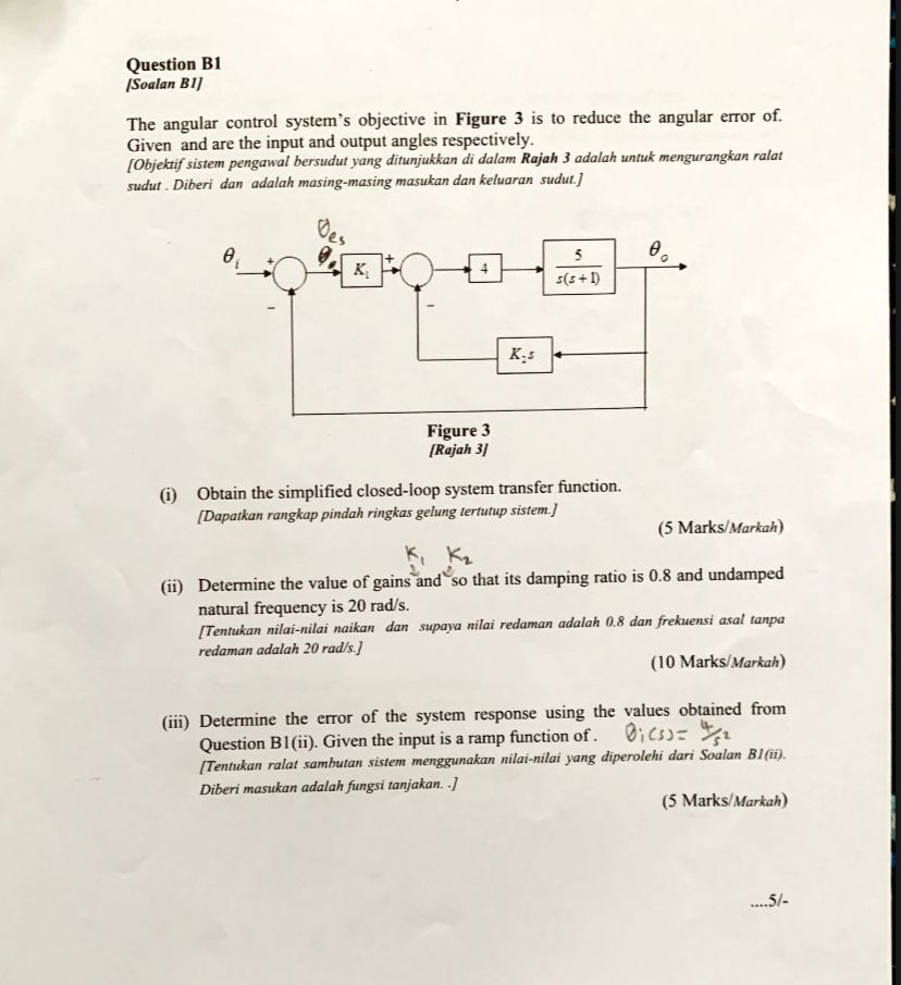 Solved Question B1 Soalan B1 The Angular Control Systems 