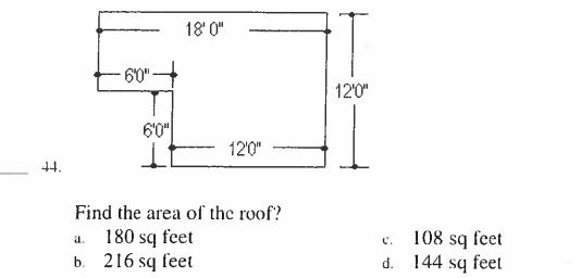 Solved Find the area of the roof? a. 180 sq feet b. 216sq | Chegg.com