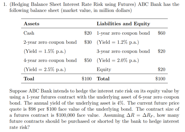 Solved 1. (Hedging Balance Sheet Interest Rate Risk using | Chegg.com