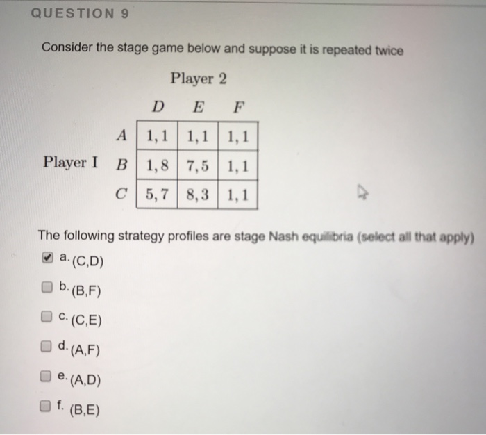 Solved QUESTION 9 Consider the stage game below and suppose | Chegg.com
