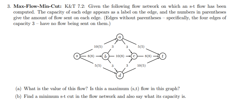 Solved 3. Max-Flow-Min-Cut: K&T 7.2: Given the following | Chegg.com