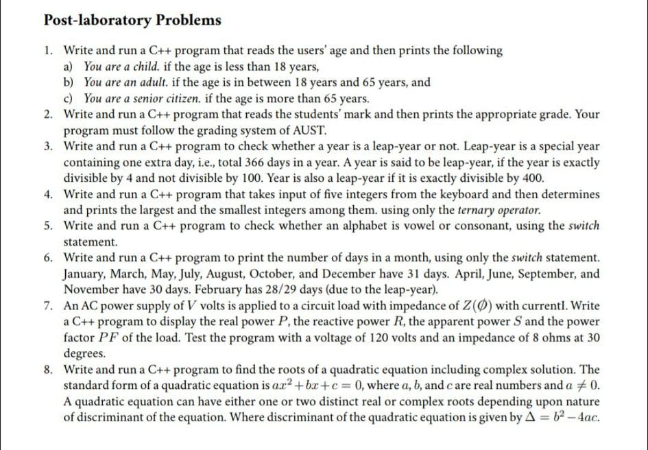 Solved Post-laboratory Problems 1. Write and run a C++ | Chegg.com