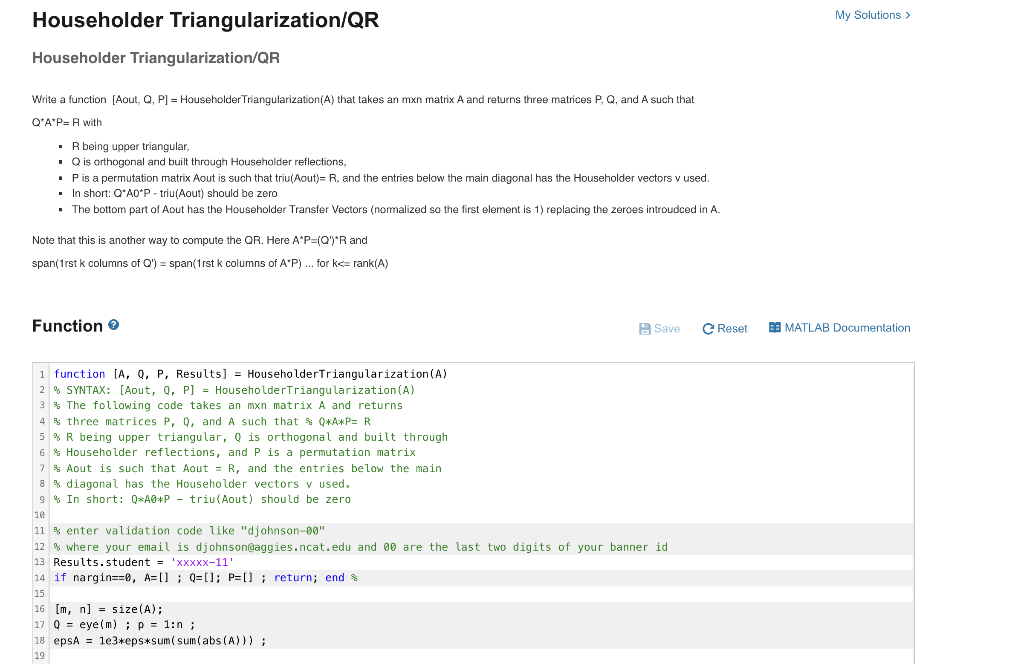 Householder Triangularization/QR My Solutions > | Chegg.com