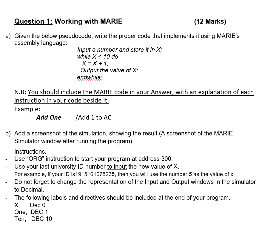 Solved Question 1: Working with MARIE (12 Marks) a) Given | Chegg.com