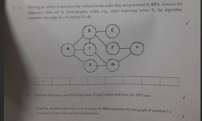 Solved a. Starting at vertex A and print the vertices in the | Chegg.com