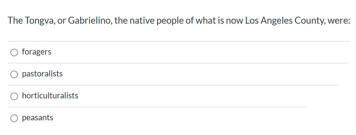 Solved The Tongva, or Gabrielino, the native people of what | Chegg.com
