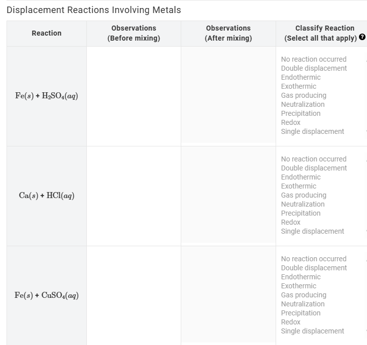 Solved Displacement Reactions Involving Metals | Chegg.com
