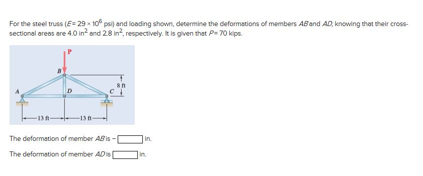 Solved For the steel truss (E = 29 × 106 psi) and loading | Chegg.com