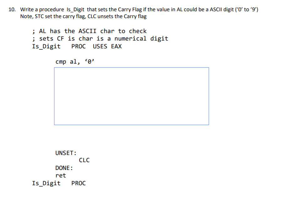 10. Write a procedure Is_Digit that sets the Carry | Chegg.com