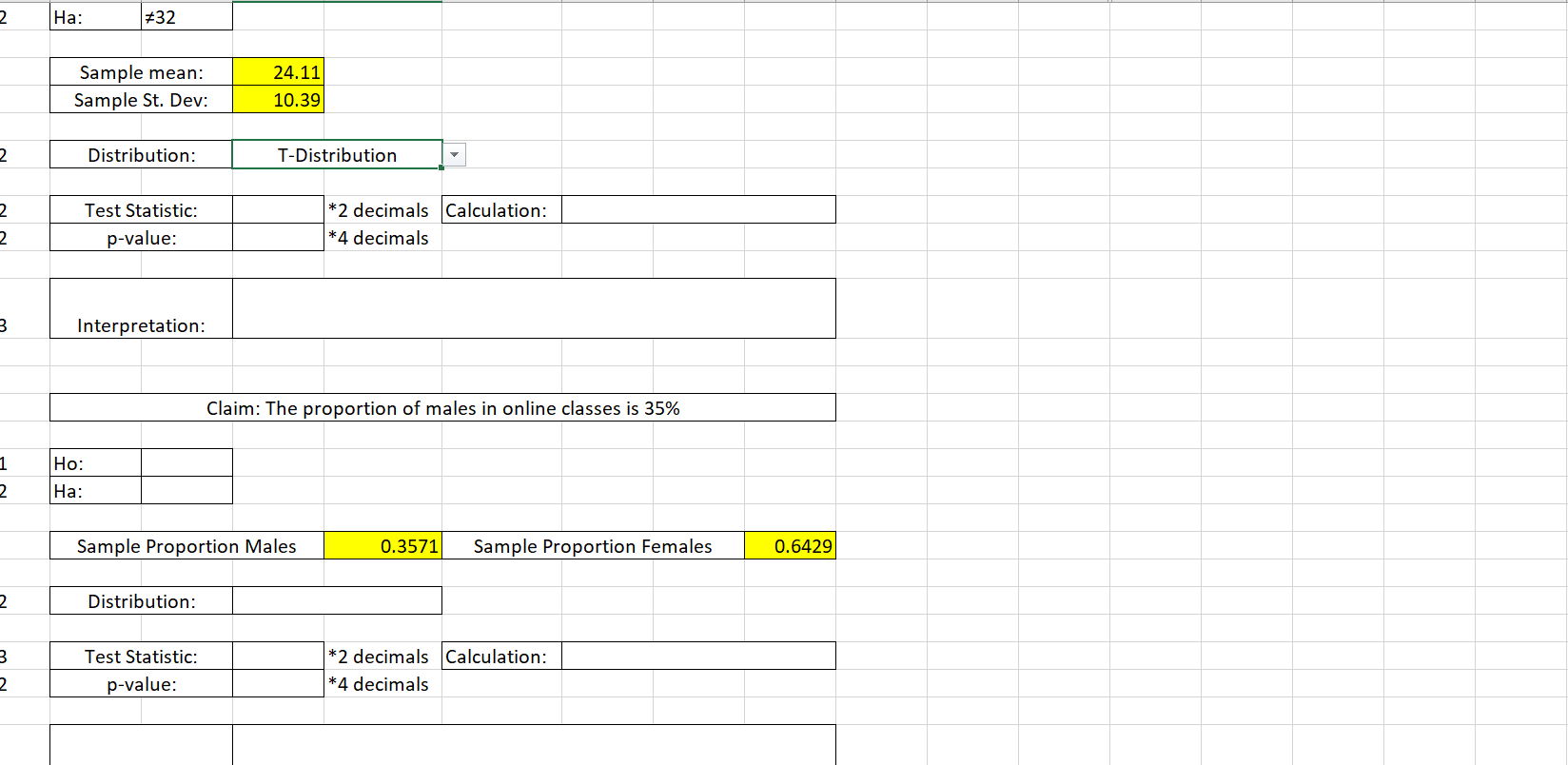 Solved 2 Ha: +32 Sample mean: Sample St. Dev: 24.11 10.39 2 | Chegg.com