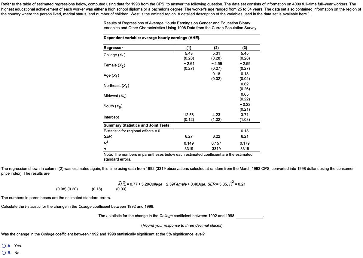 Solved Refer to the table of estimated regressions below, | Chegg.com