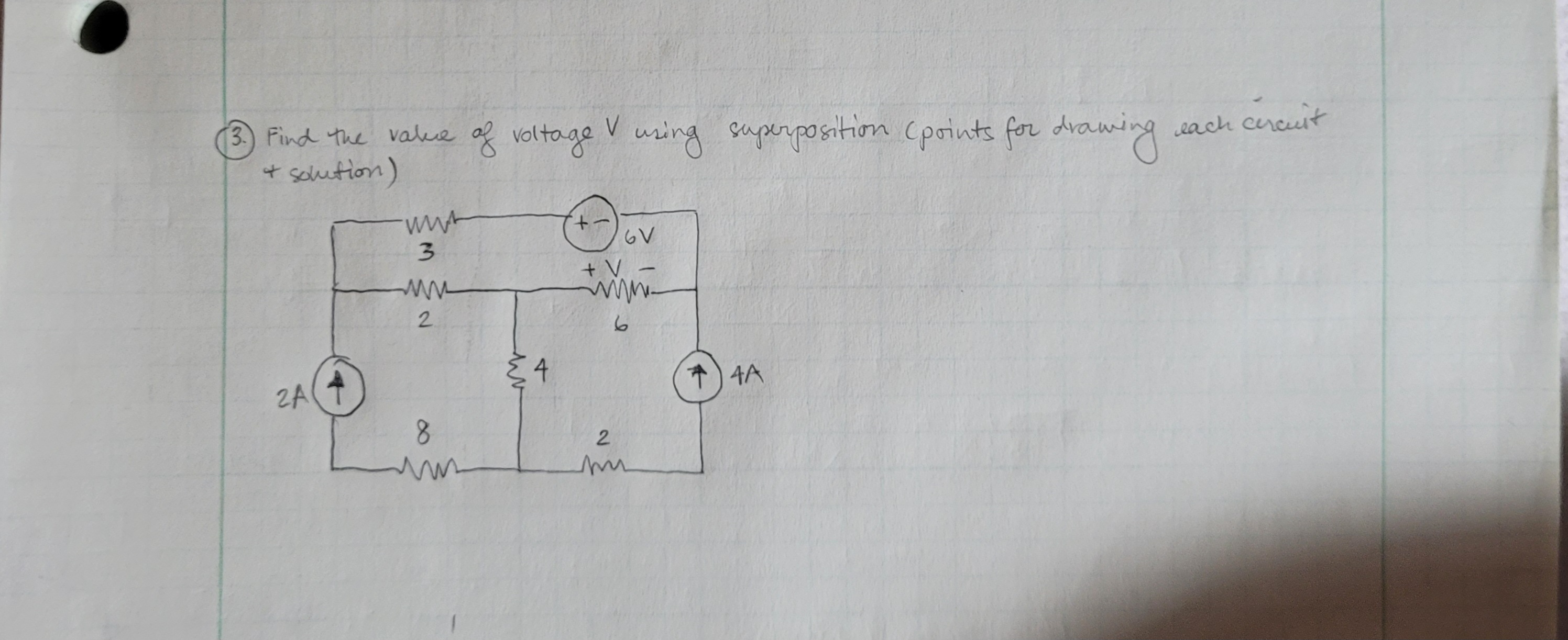 Solved 3.) Find the value of voltage V using superposition | Chegg.com