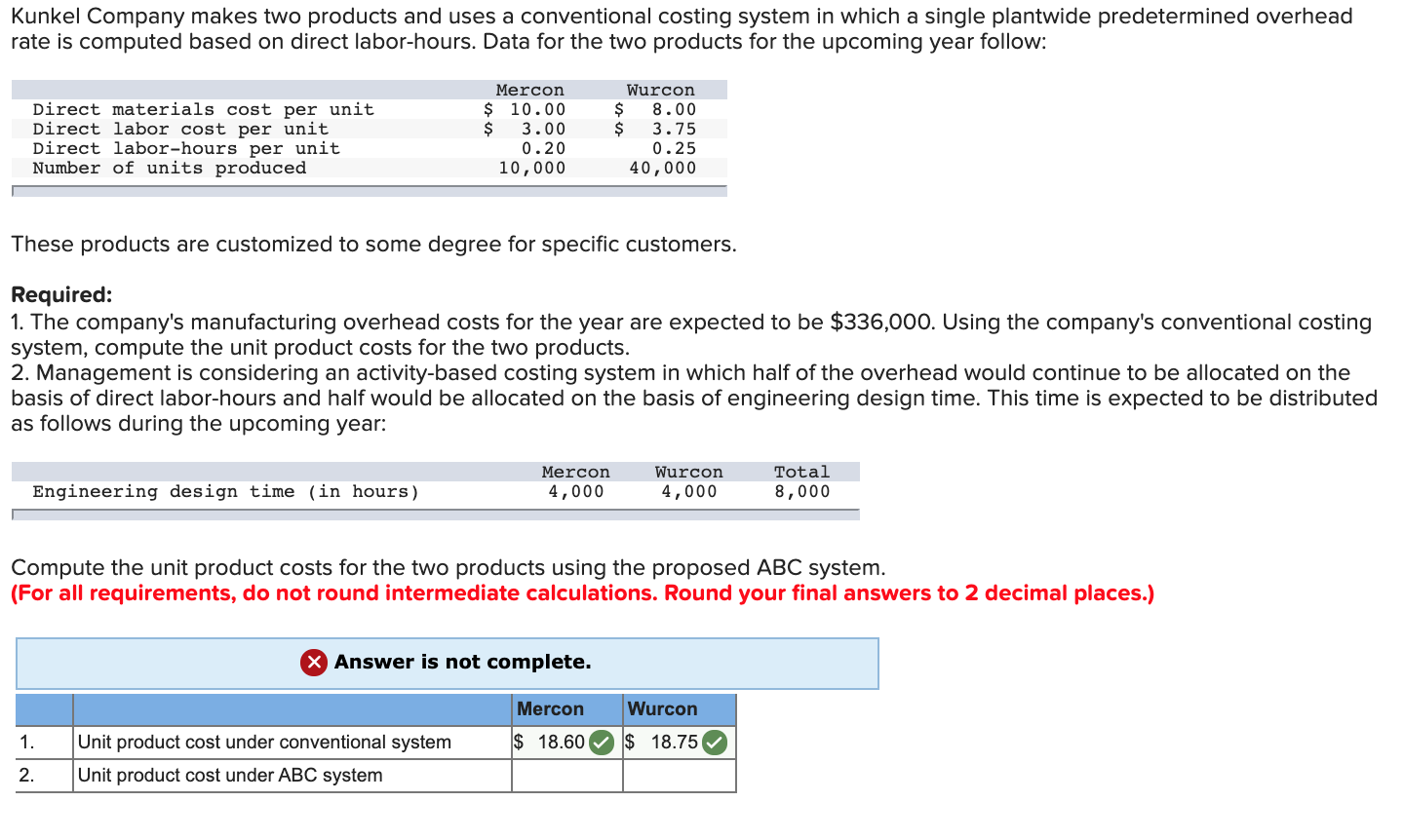 Solved Kunkel Company makes two products and uses a | Chegg.com
