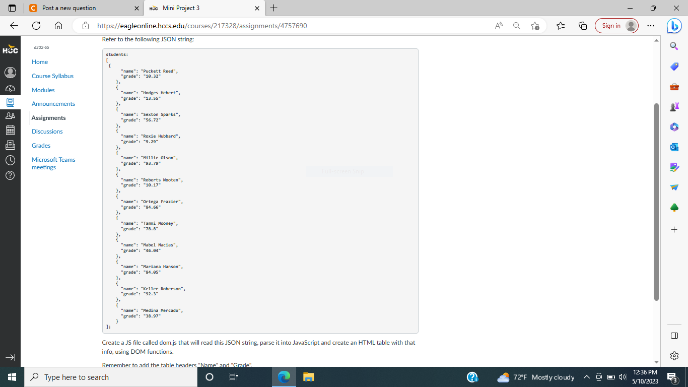 Create a JS file called dom.js that will read this | Chegg.com