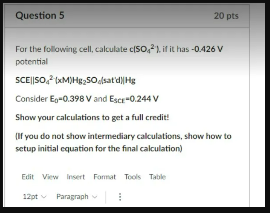 Solved For the following cell, calculate c(SO42−), if it has | Chegg.com