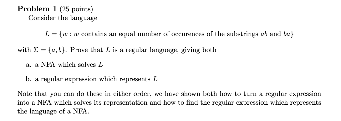 Solved Problem 1 (25 points) Consider the language L={w:w | Chegg.com
