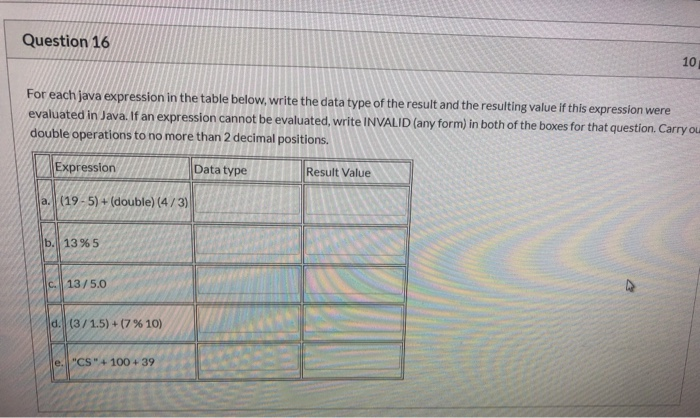 Solved Question 16 10 For Each Java Expression In The Table