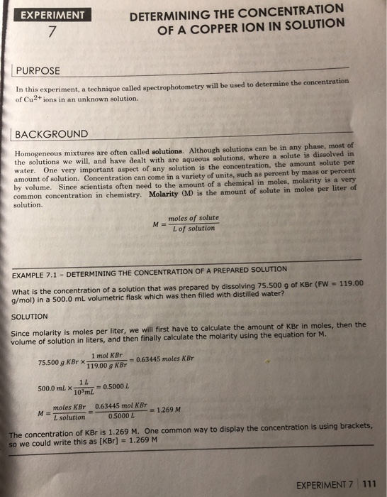 Solved EXPERIMENT 7 DETERMINING THE CONCENTRATION OF A | Chegg.com