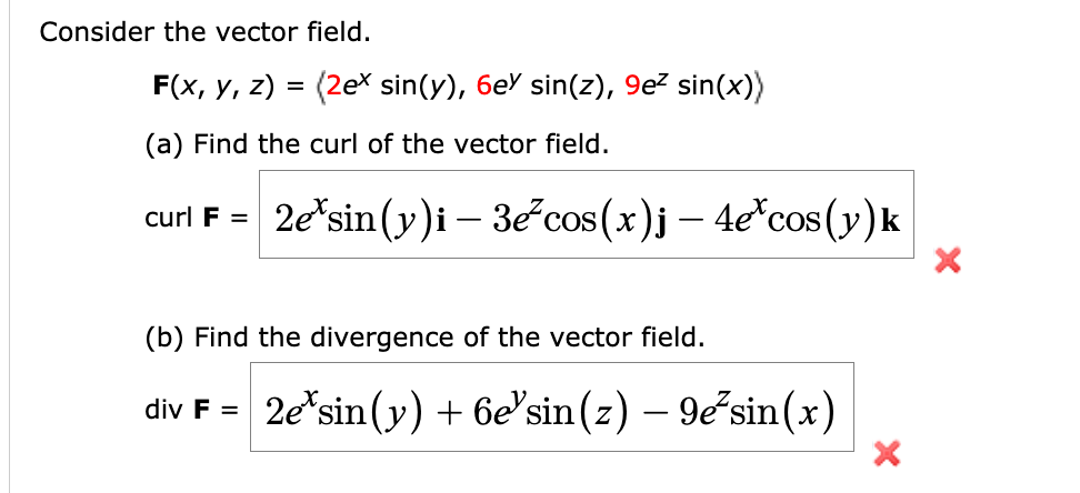Solved Consider the vector field. F(x, y, z) = (2ex sin(y), | Chegg.com