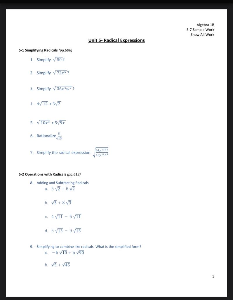 Solved Algebra 1B 5-7 Sample Work Show All Work Unit 5- | Chegg.com