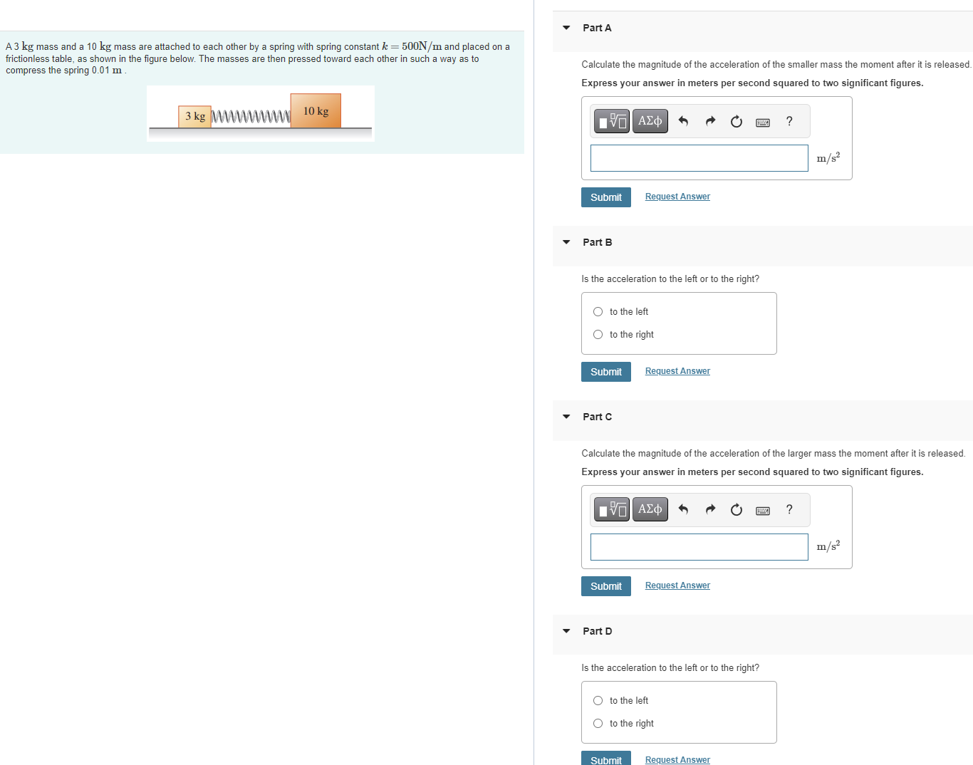 Solved A 3 ﻿kg mass and a 10 ﻿kg mass are attached to each | Chegg.com