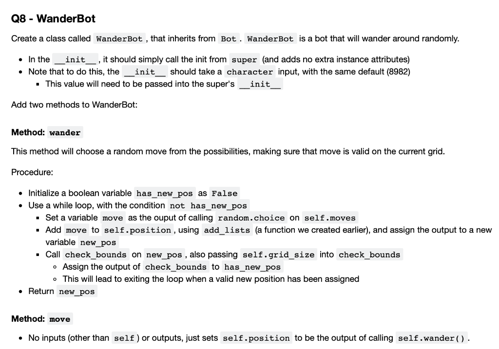 Q8 - WanderBot Create a class called WanderBot , that | Chegg.com
