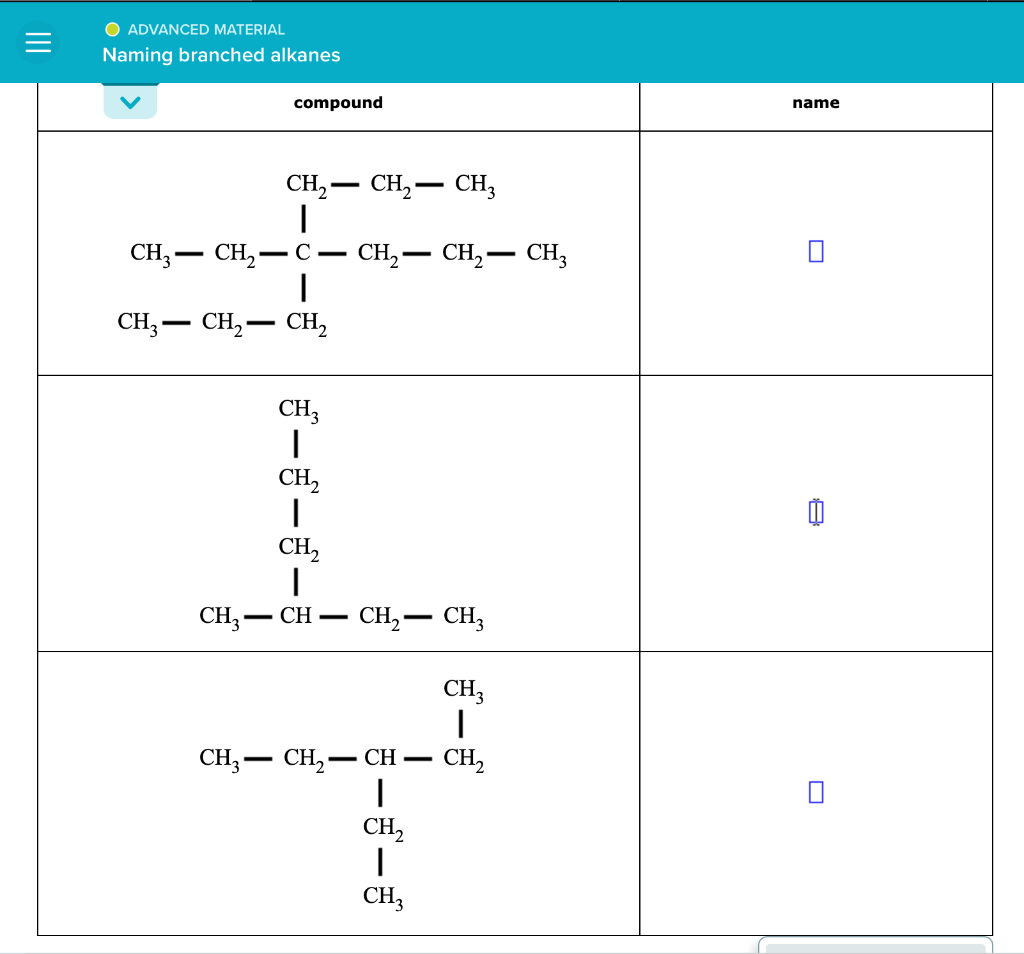 Solved III O ADVANCED MATERIAL Naming branched alkanes | Chegg.com