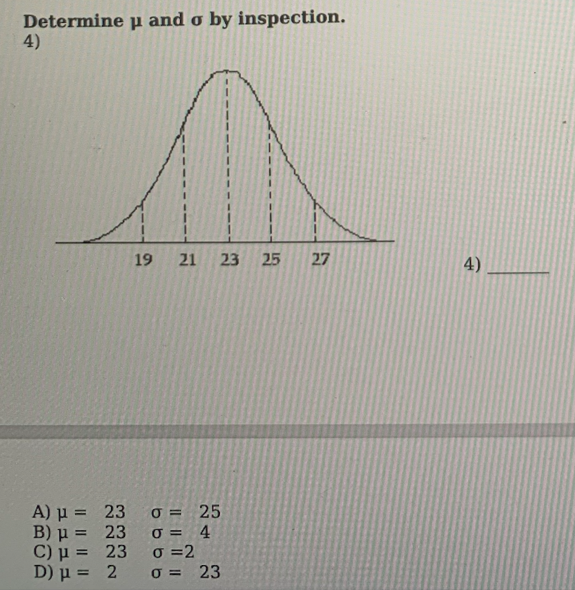 Solved Determine μ and σ by inspection. 4) 4) A) μ=23σ=25 B) | Chegg.com