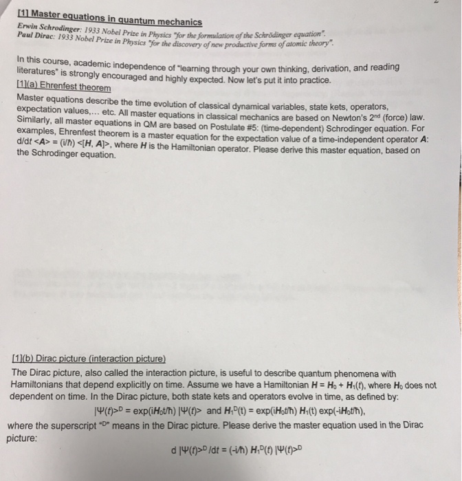 Solved [11 Master equations in quantum mechanics Erwin | Chegg.com