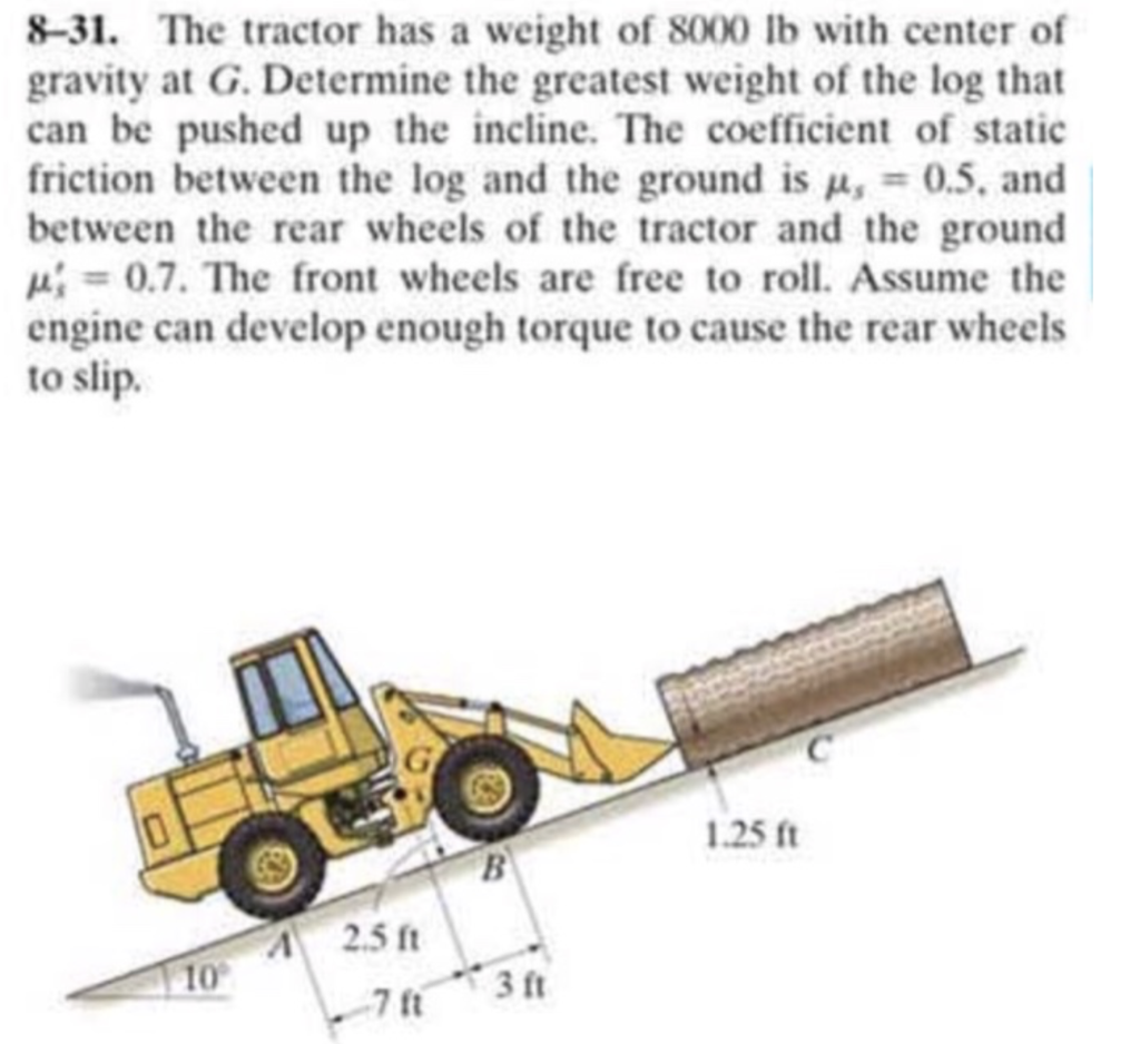 Solved 8-31· The tractor has a weight of 8000 lb with center | Chegg.com