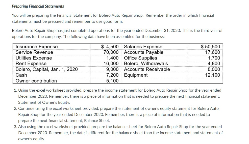 Solved Preparing Financial Statements You will be preparing | Chegg.com