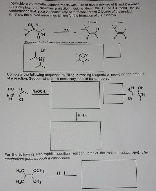 Solved (S)-3-chloro-2,2-dimethylpentane reacts with LDA to | Chegg.com