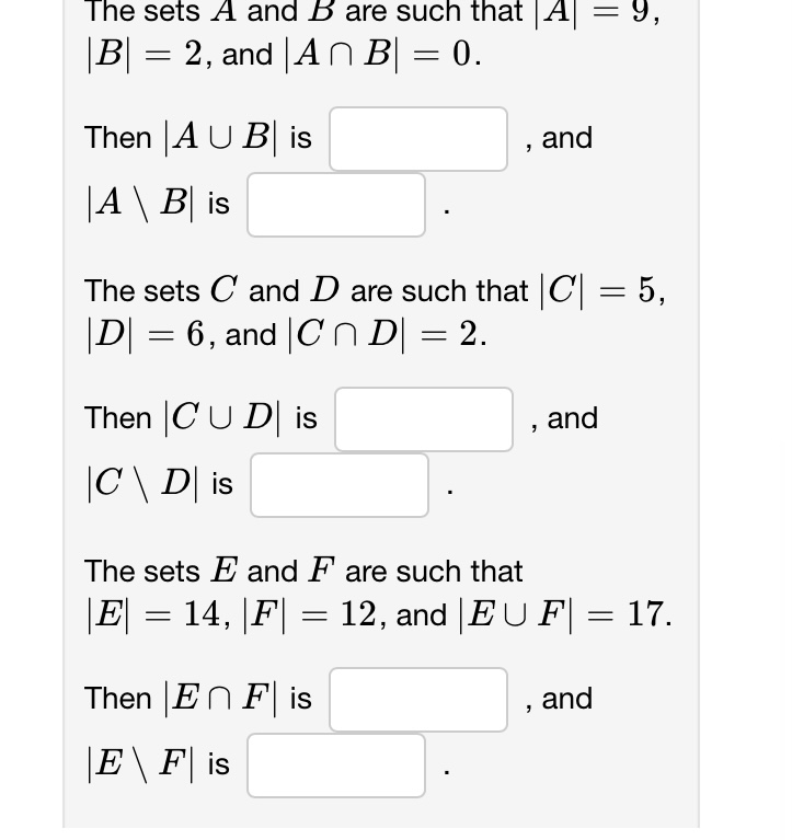 Solved The sets A and B are such that ∣A∣=9, ∣B∣=2, and | Chegg.com