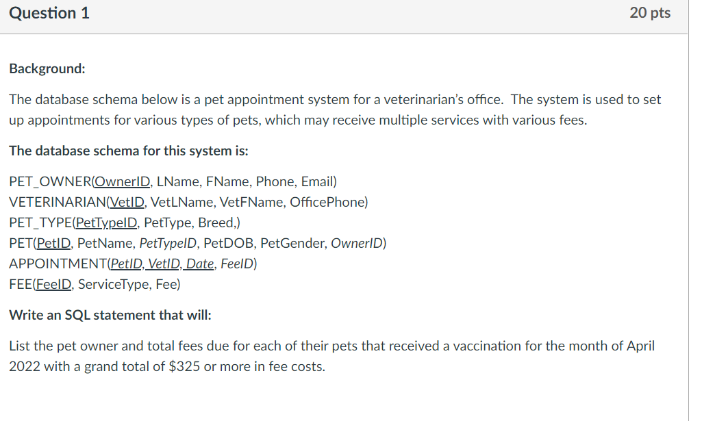Solved Question 1 20 pts Background: The database schema | Chegg.com